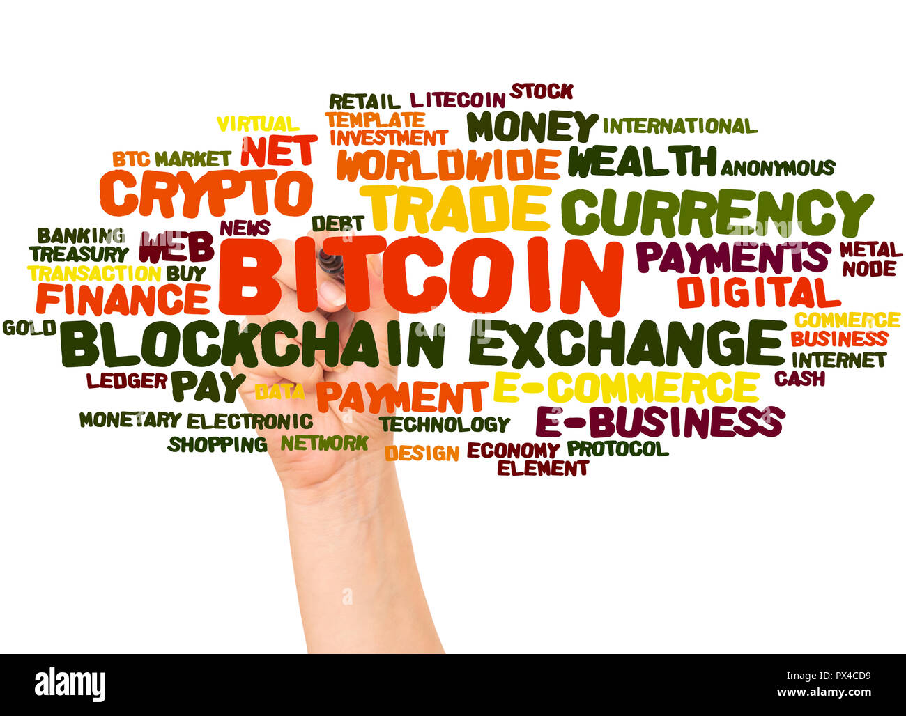 Bitcoin word cloud and hand with marker concept on white background ...