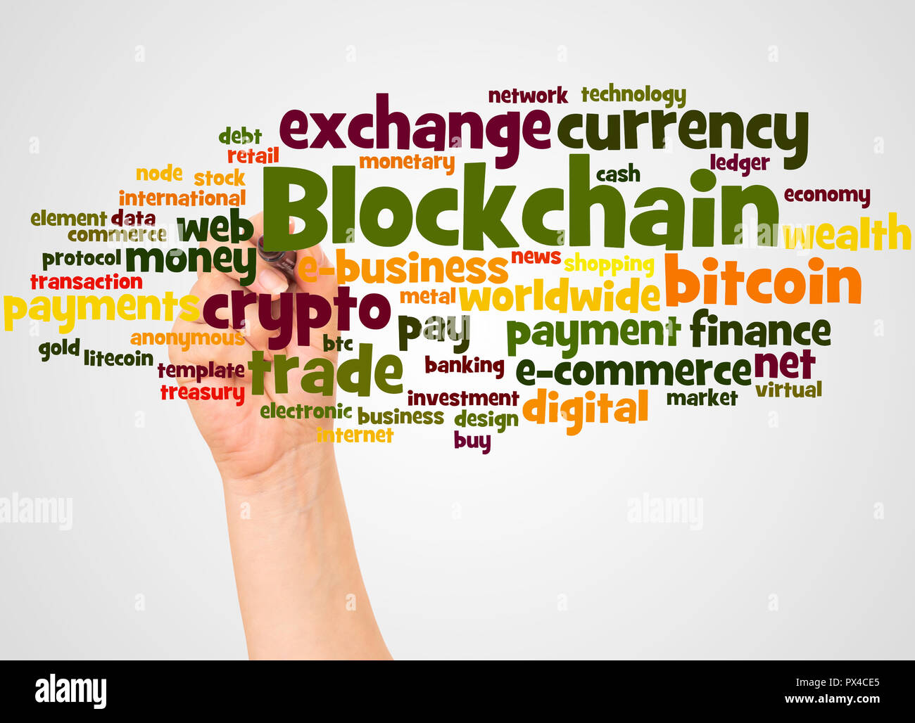 Blockchain word cloud and hand with marker concept on white background ...