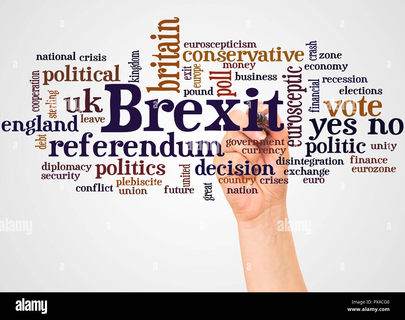 Brexit word cloud and hand with marker concept on white background ...