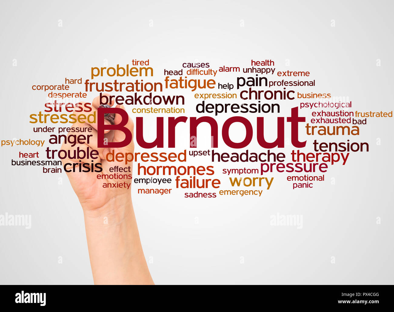 Burnout word cloud and hand with marker concept on gradient background ...