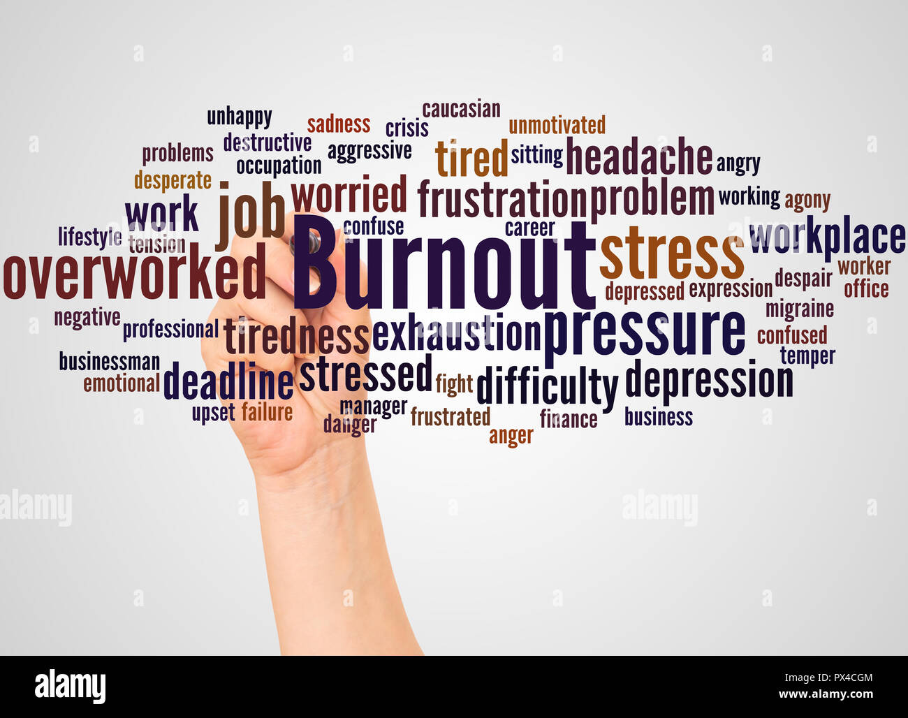 Burnout word cloud and hand with marker concept on gradient background ...