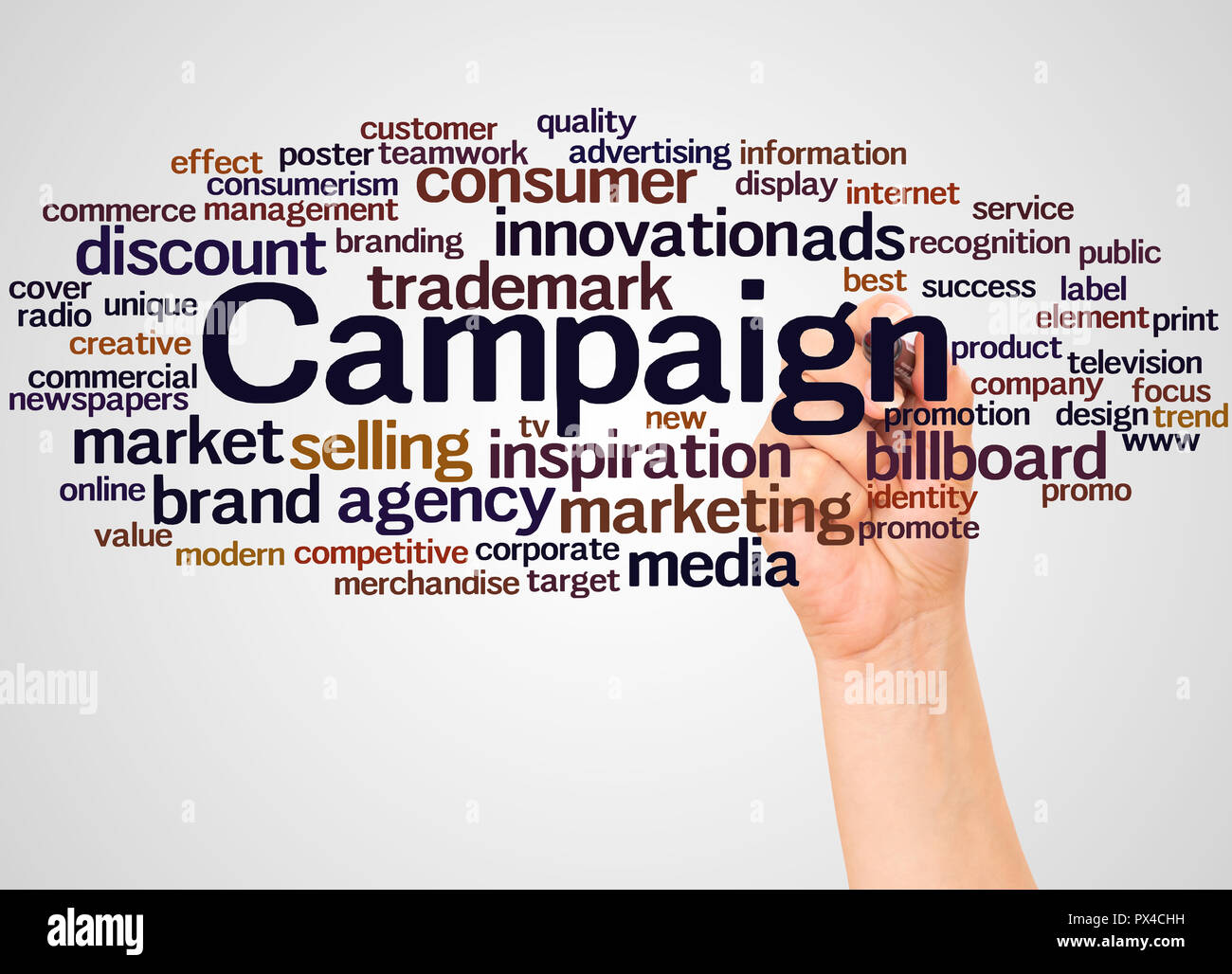 Campaign word cloud and hand with marker concept on white background ...