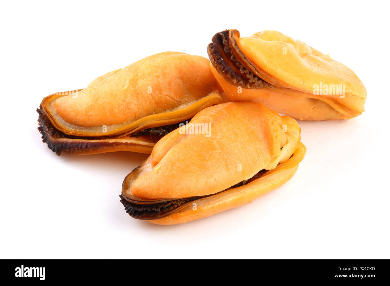 three mussel without shell isolated on white background Stock Photo - Alamy