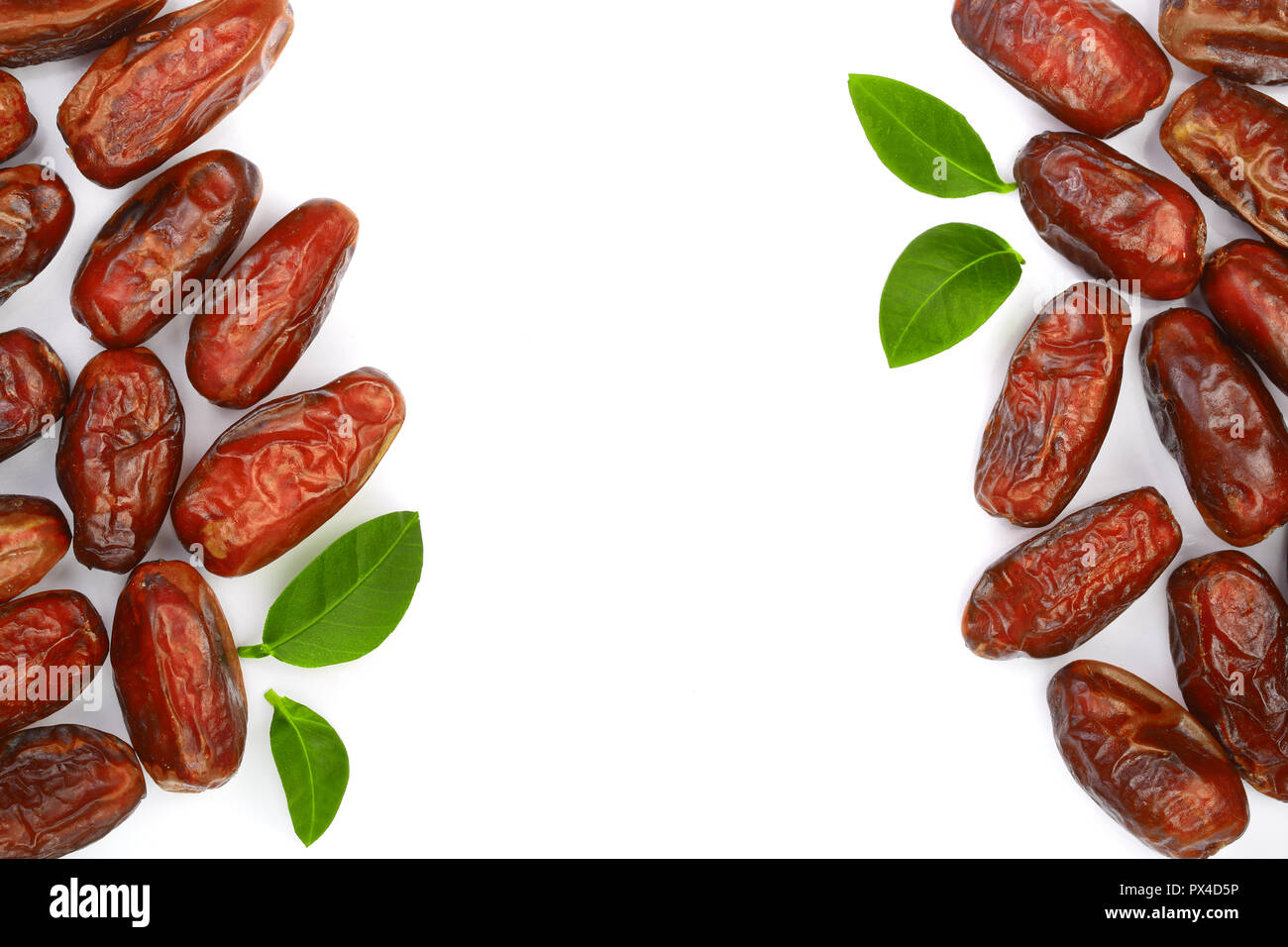 dry dates with green leaves isolated on white background with copy ...