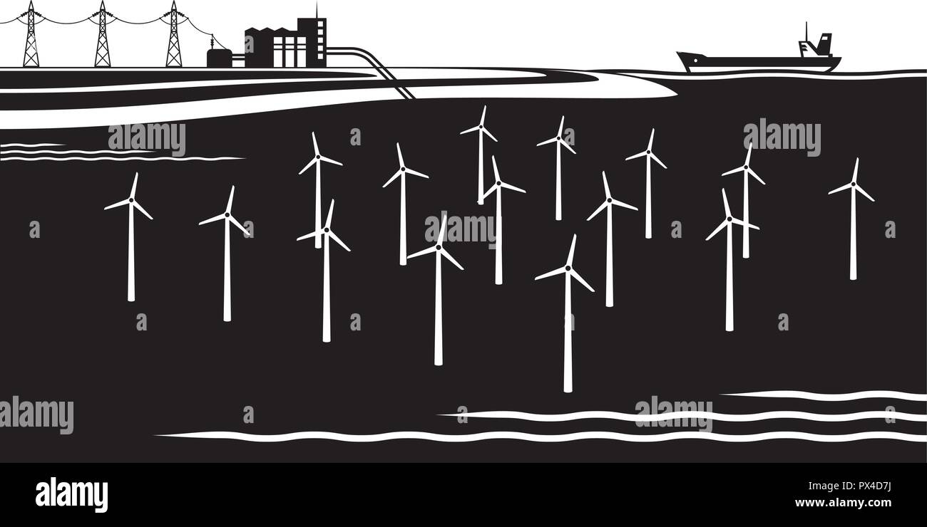 Offshore wind turbines farm - vector illustration Stock Vector Image ...