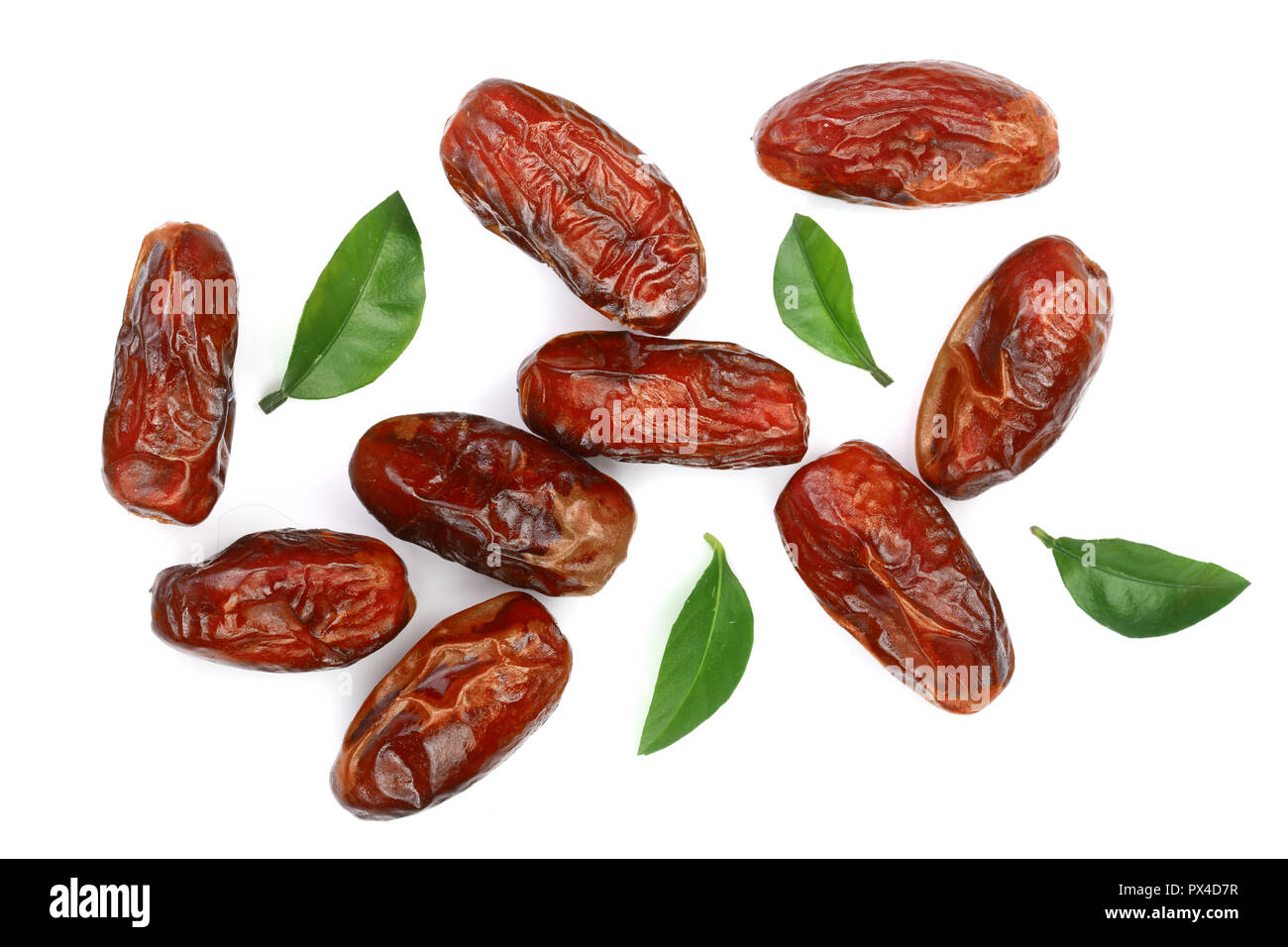dry dates with green leaves isolated on white background. Top view ...