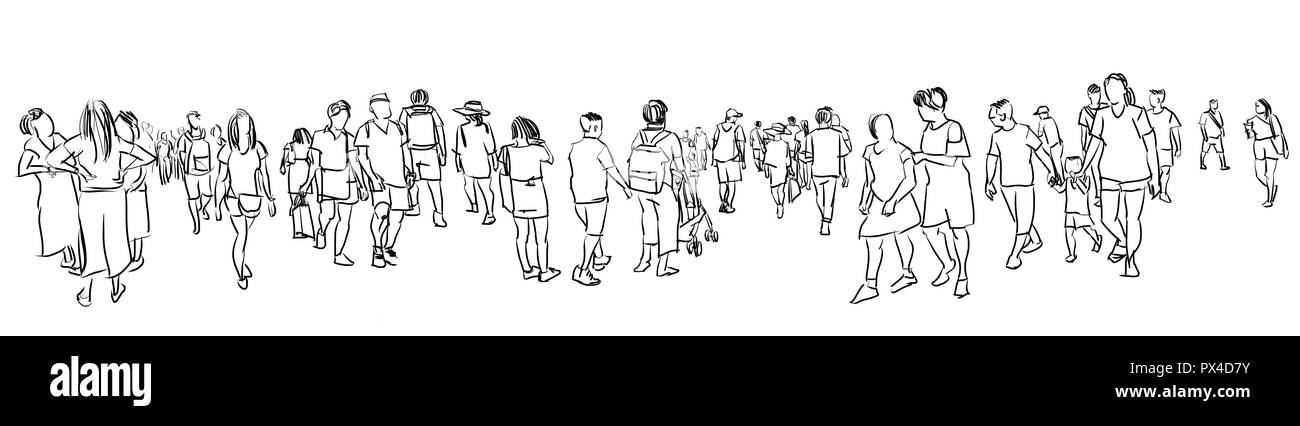 crowd of people walking ink sketch isolated on white background urban ...