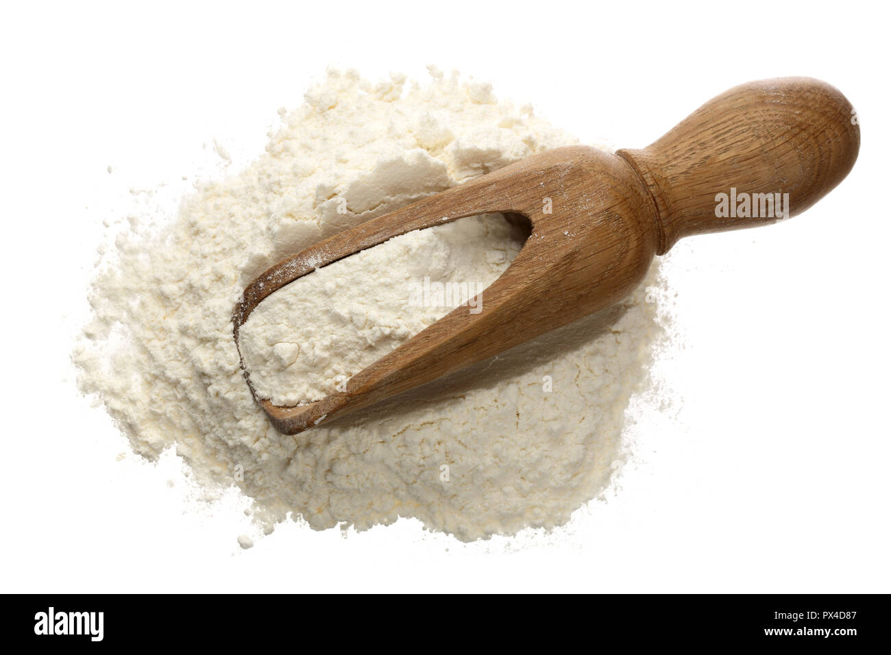 flour in wooden scoop isolated on white background. Top view. Flat lay ...