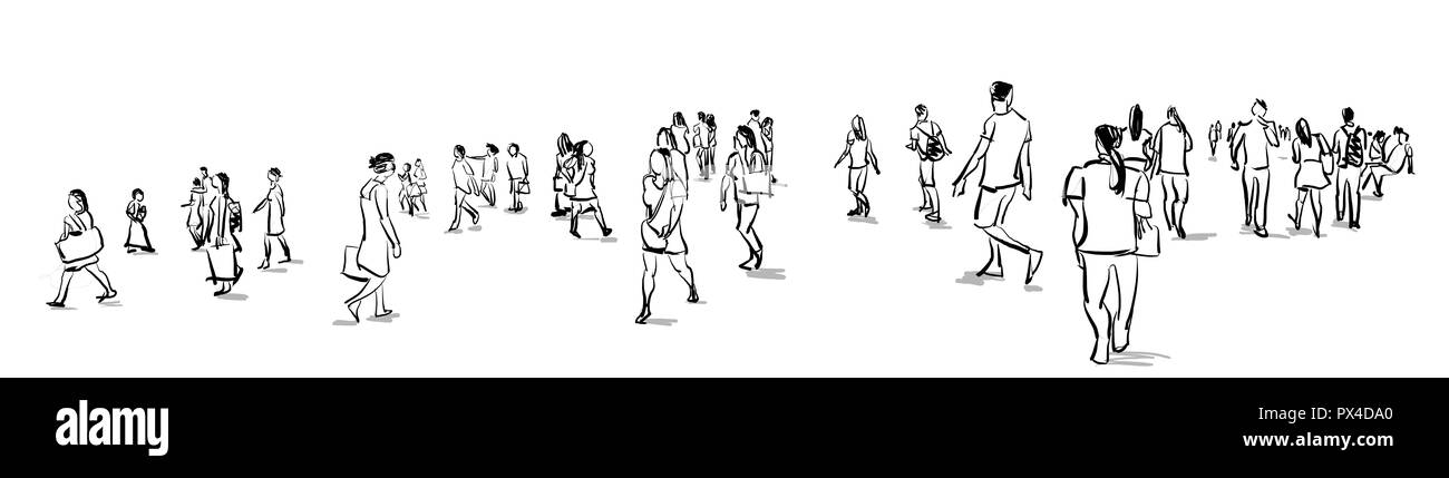 crowd group of people walking freehand ink sketch panorama view ...