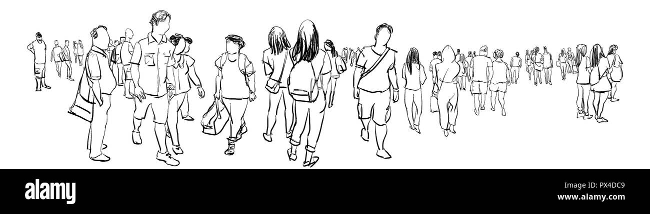 crowd of people walking ink sketch isolated on white background urban ...