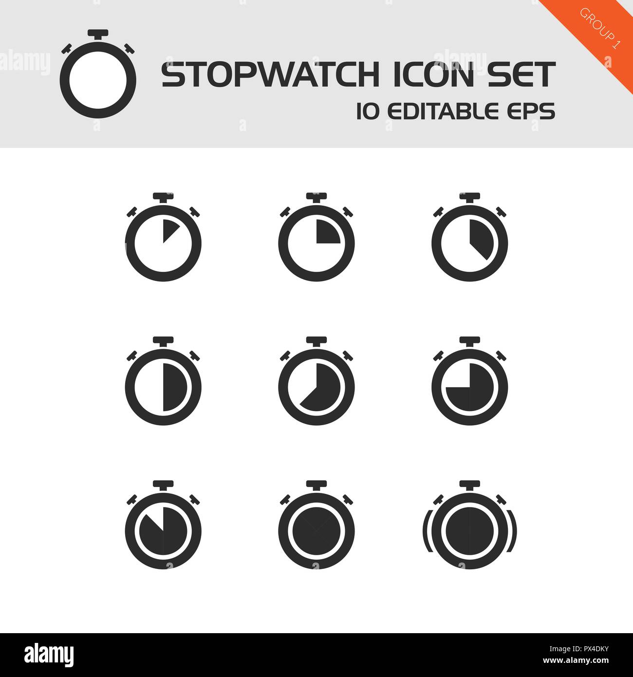 Stopwatch icons set on a white background. Vector illustration. First ...