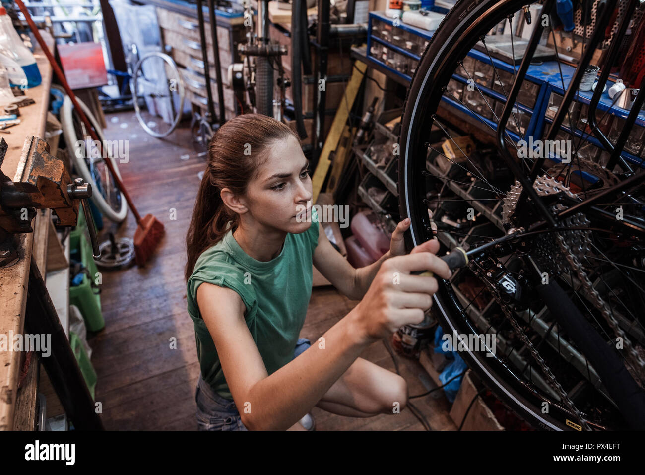 woman bicycle mechanic is repairing a bike in the workshop service ...