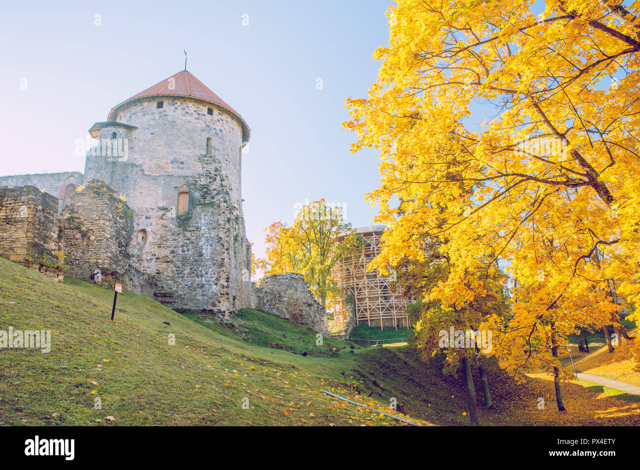 City Cesis, Latvia. Old Casttle park at autumn. Yellow leafs, ruins and ...