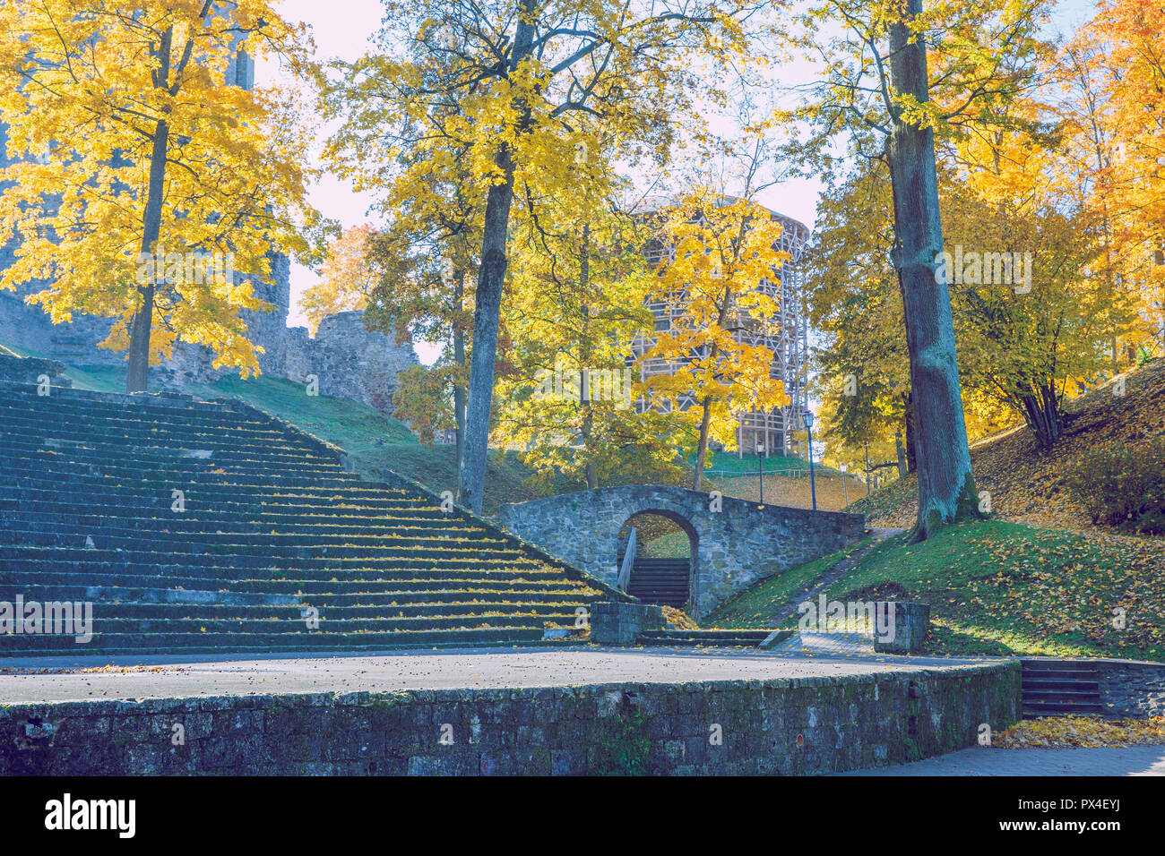 City Cesis, Latvia. Old Casttle park at autumn. Yellow leafs, ruins and ...