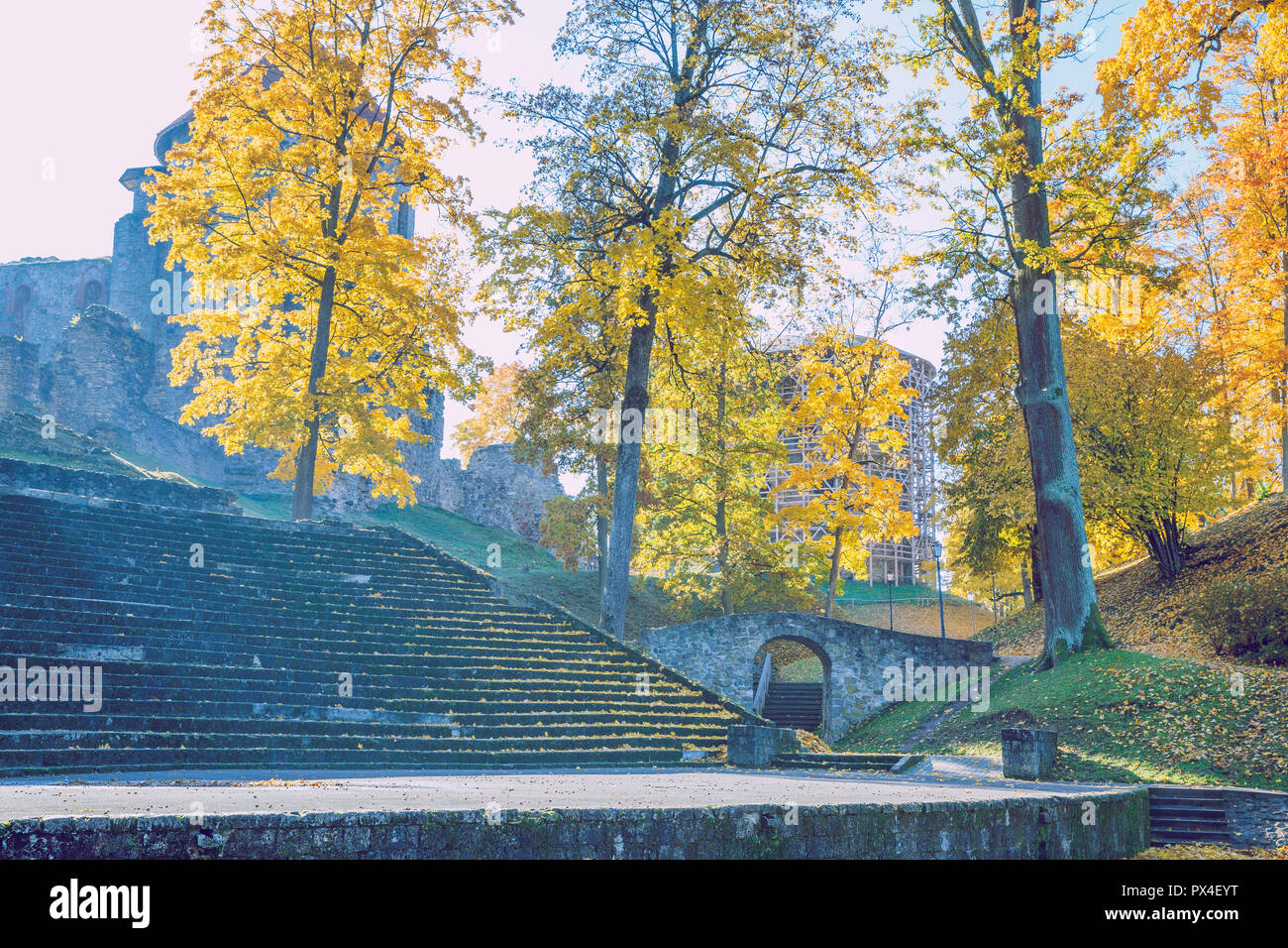 City Cesis, Latvia. Old Casttle park at autumn. Yellow leafs, ruins and ...