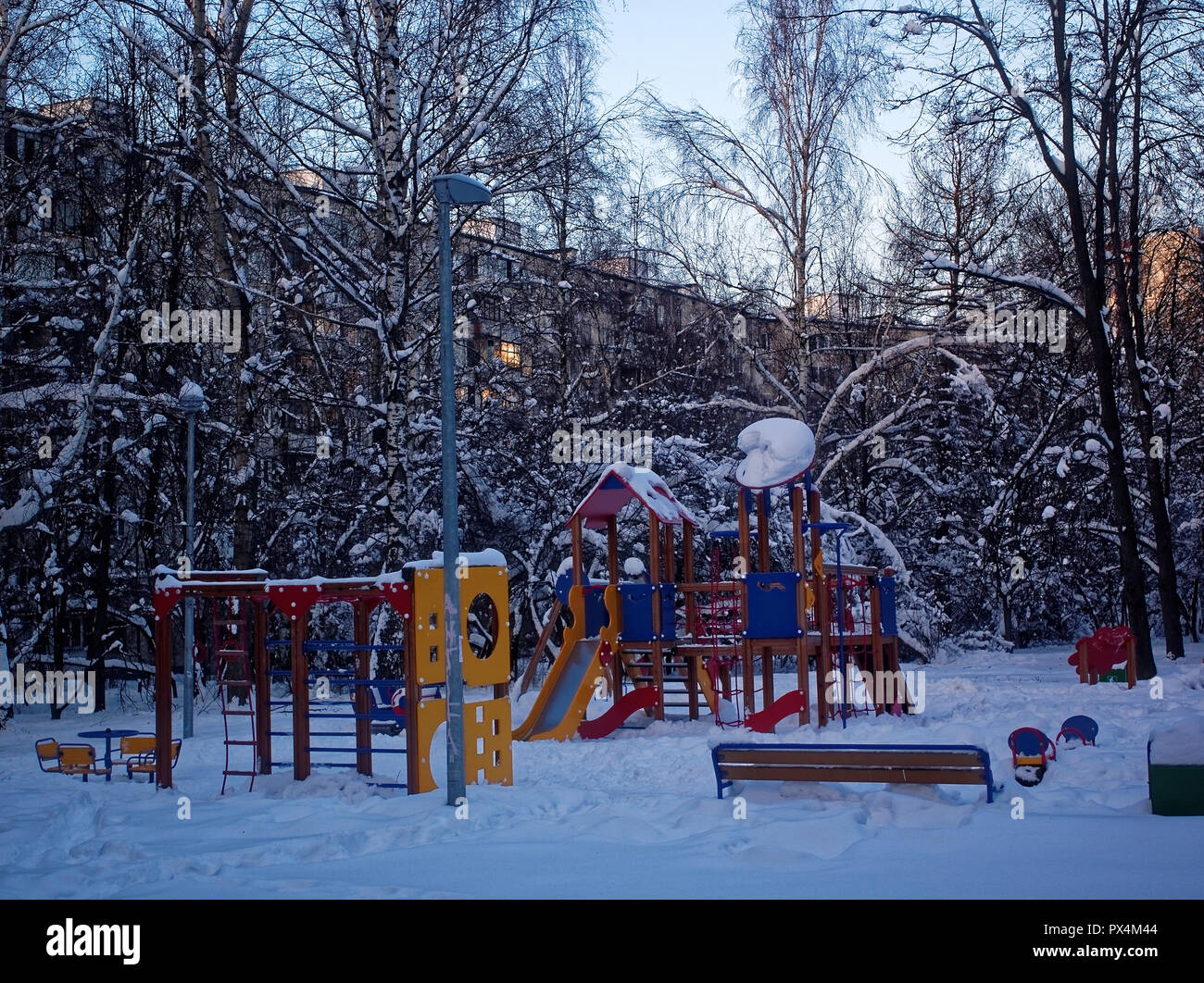 children's Playground in the snow in winter, Moscow Stock Photo - Alamy