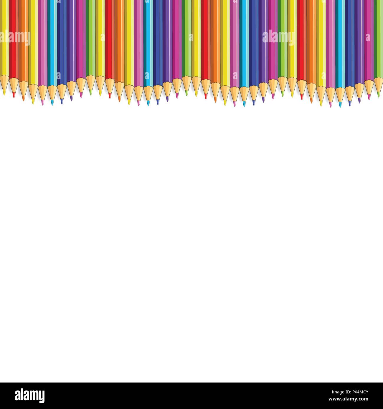 Colored pencils up line in shape of wave, multicolored border frame ...