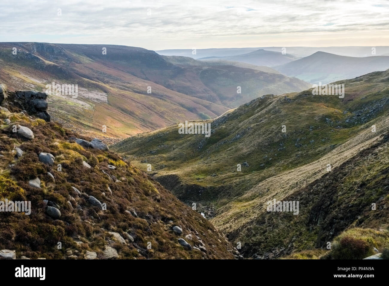 View down Grindsbrook Clough to Edale from Kinder Scout in The Peak ...