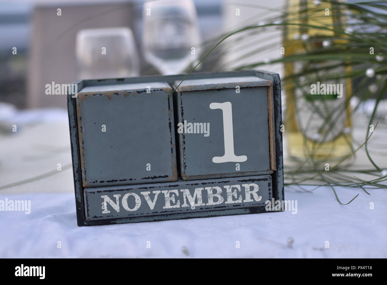 Wood blocks in box with date, day and month 1 November. Wooden blocks ...