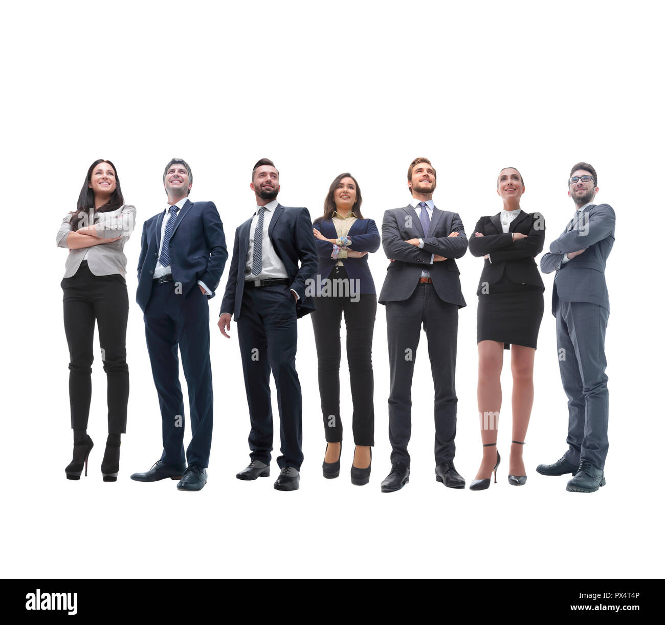 Portrait of friendly business team standing in isolation Stock Photo ...