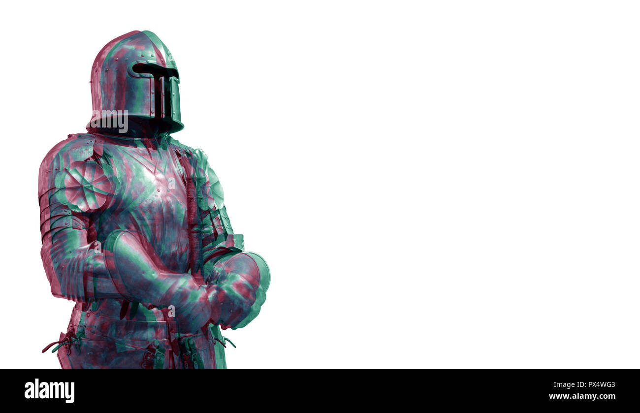 Knight in shiny metal armor on a white background. double exposure ...