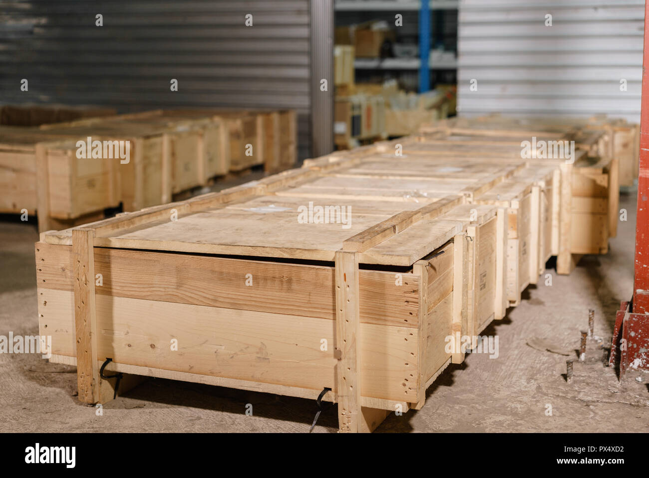 Large wooden boxes. Warehouse of spare parts for machines and ...
