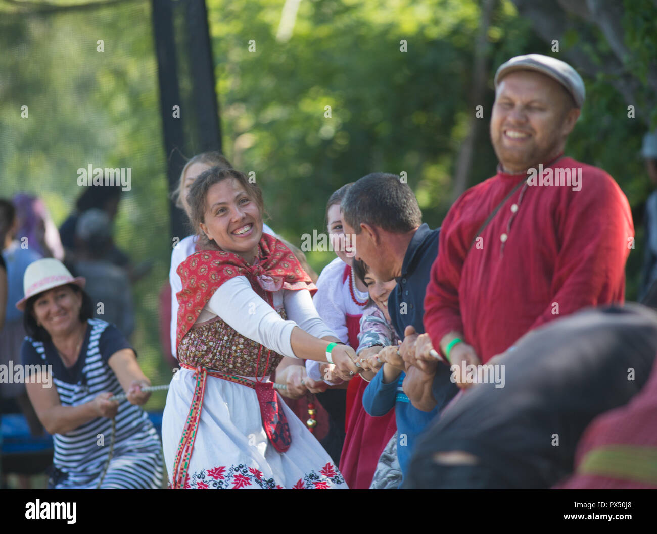 20 August 2018, Krasnovidovo, Russia - people in russian folk costumes ...
