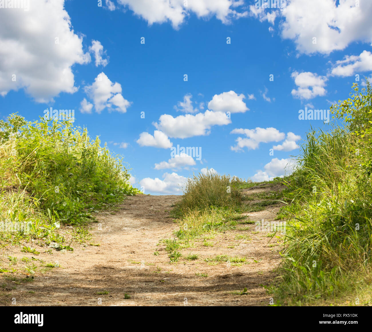 Summer landscape with green grass, road and clouds Stock Photo - Alamy