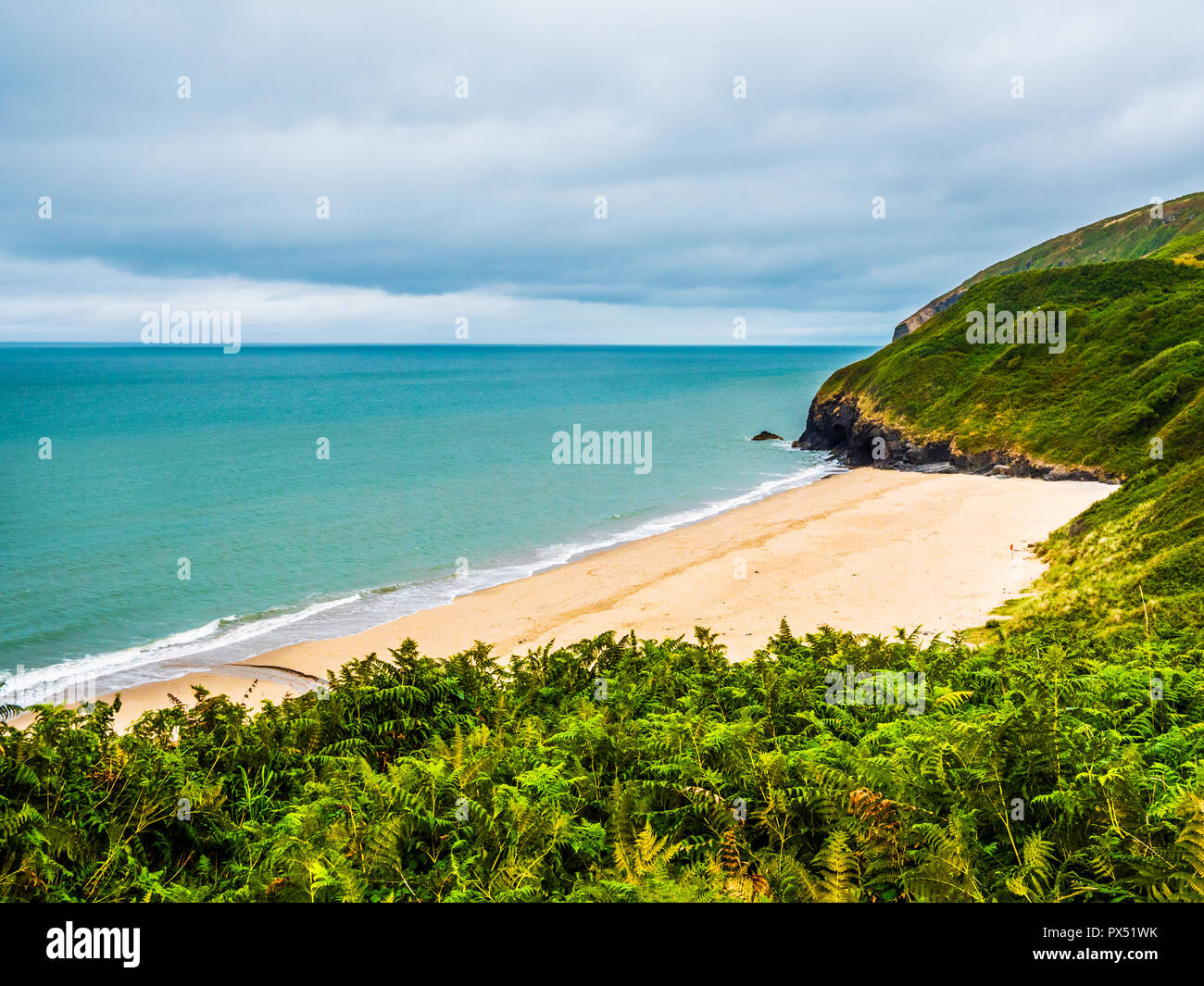 View from the coastal path over Traeth beach towards Penbryn on the ...