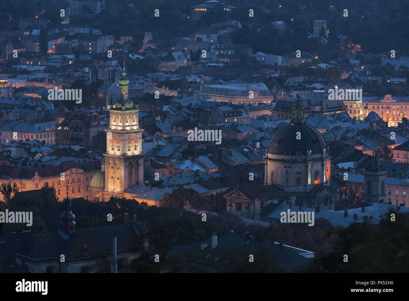 Night view at the center of the old European city. Top view Stock Photo ...
