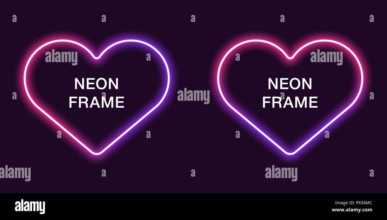 Neon frame in heart shape. Vector template of neon border in pink and ...
