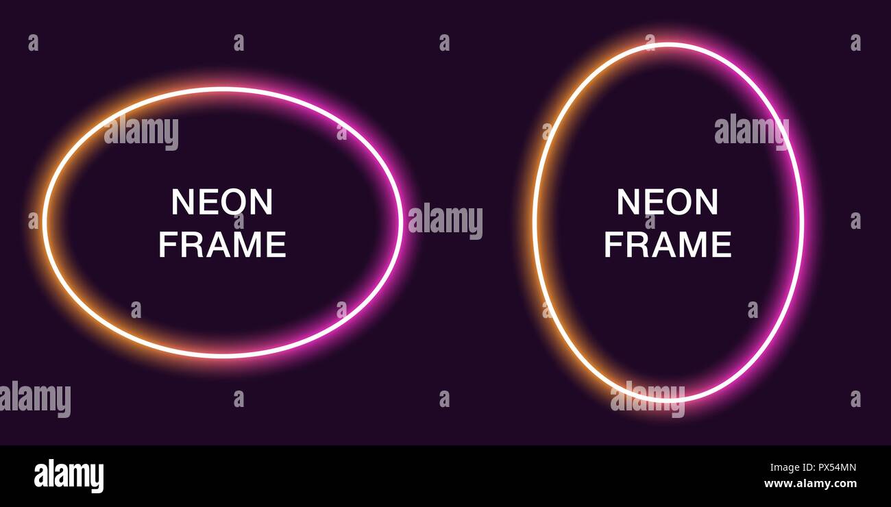 Neon frame in oval shape. Vector template of neon border in orange and ...