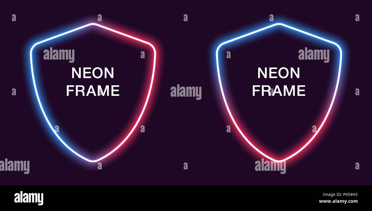 Neon frame in shield shape. Vector template of neon border in blue and ...