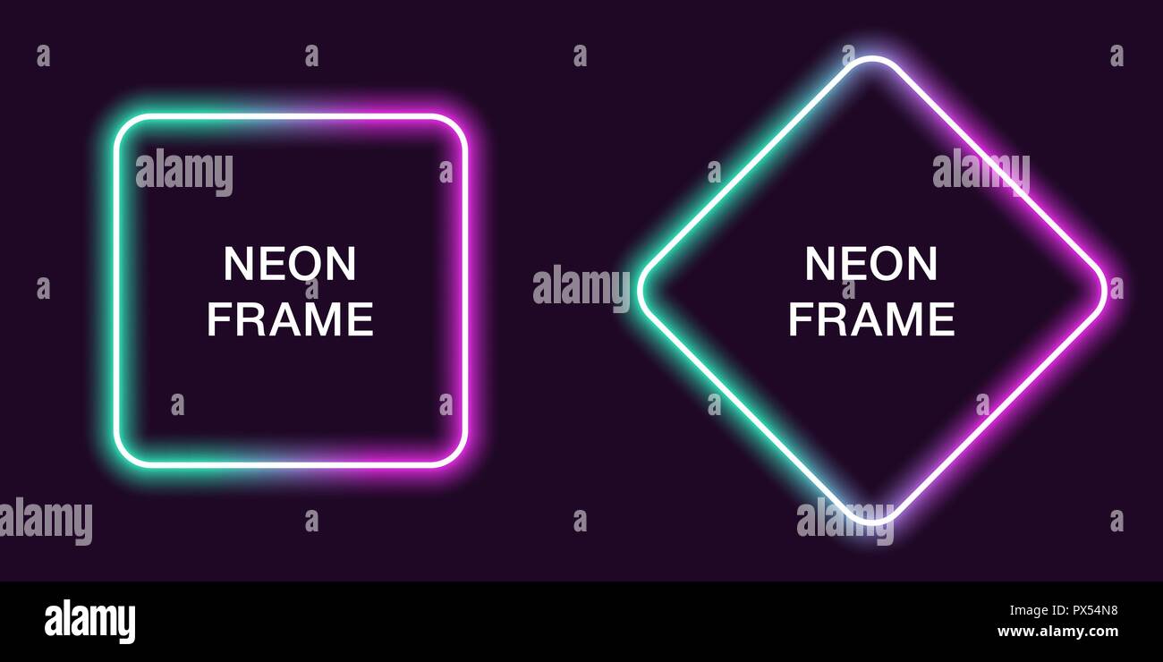Neon frame in square shape. Vector template of neon border in turquoise ...