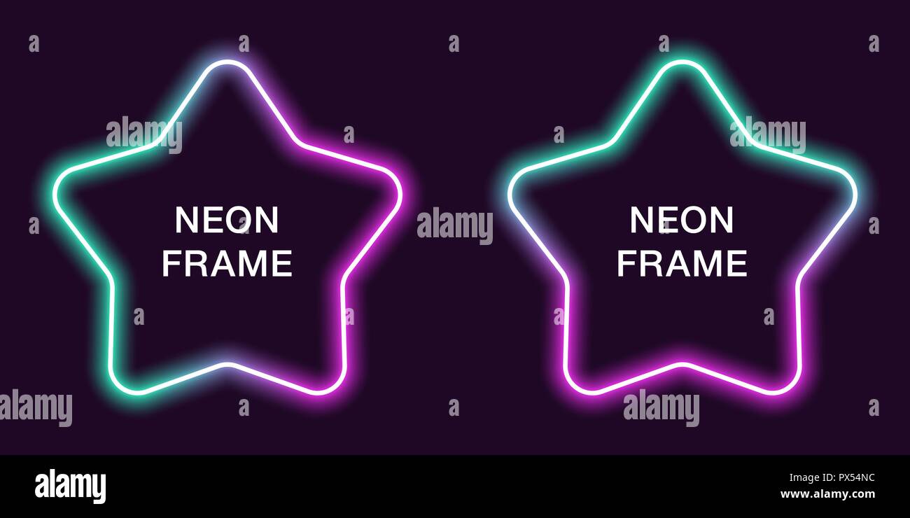 Neon frame in star shape. Vector template of neon border in turquoise ...