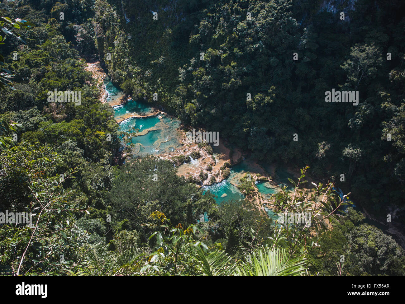 Aerial view of the beautiful, turquoise natural pools of Semuc Champey ...
