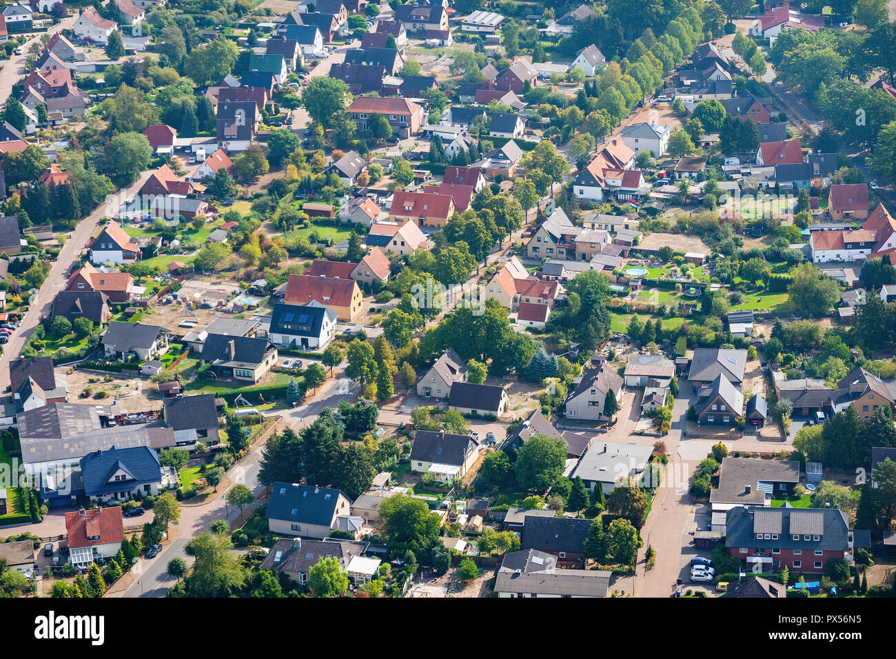 Aerial view of a typical German suburb with detached houses and close ...