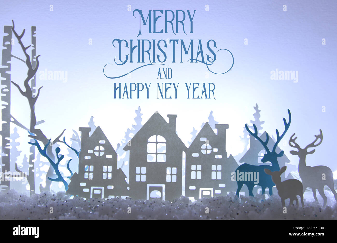 Magical Christmas paper cut winter background landscape with houses ...