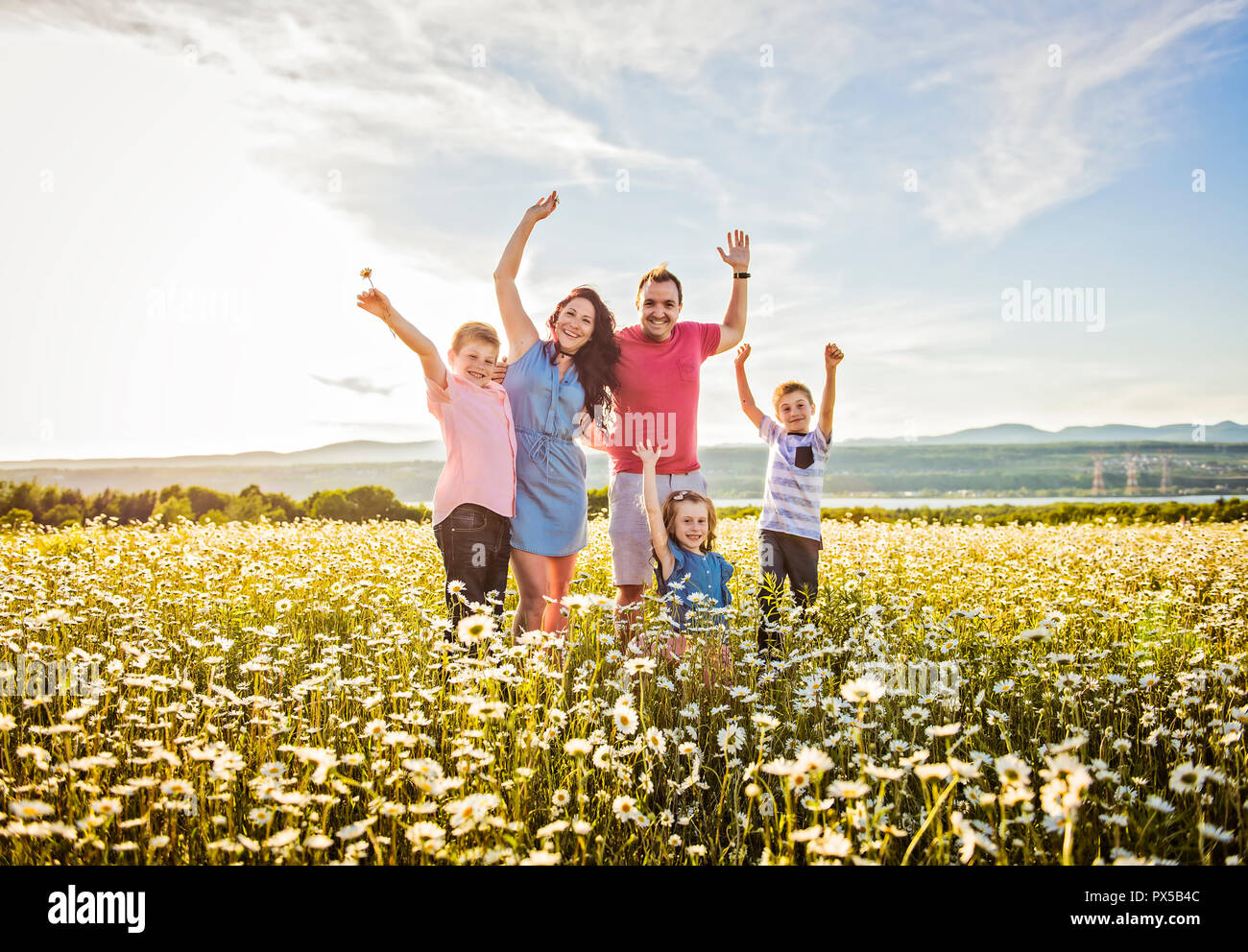 Happy family having fun on daisy field at sunset Stock Photo - Alamy