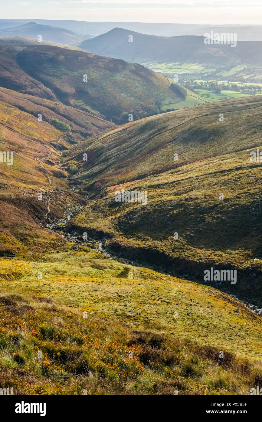 View down Grindsbrook Clough to Edale from Kinder Scout in The Peak ...
