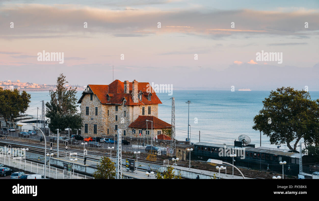 Cascais, Portugal - Oct 18, 2018: High perspective view of commuters at ...