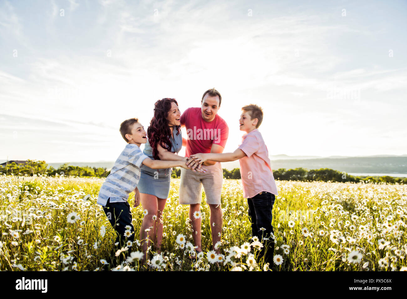 Happy family having fun on daisy field at sunset Stock Photo - Alamy