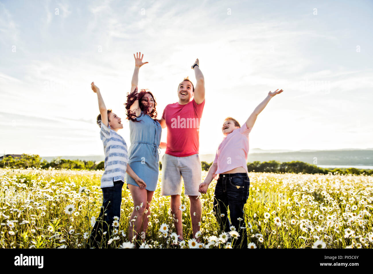 Happy family having fun on daisy field at sunset Stock Photo - Alamy