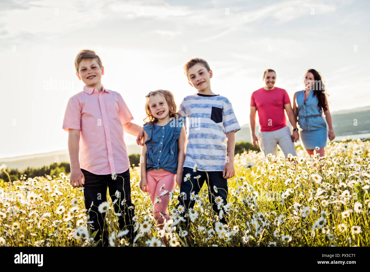 Happy family having fun on daisy field at sunset Stock Photo - Alamy