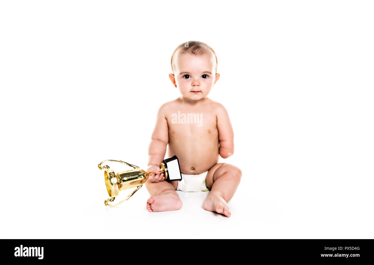 Baby boy portrait on white background with trophy Stock Photo - Alamy