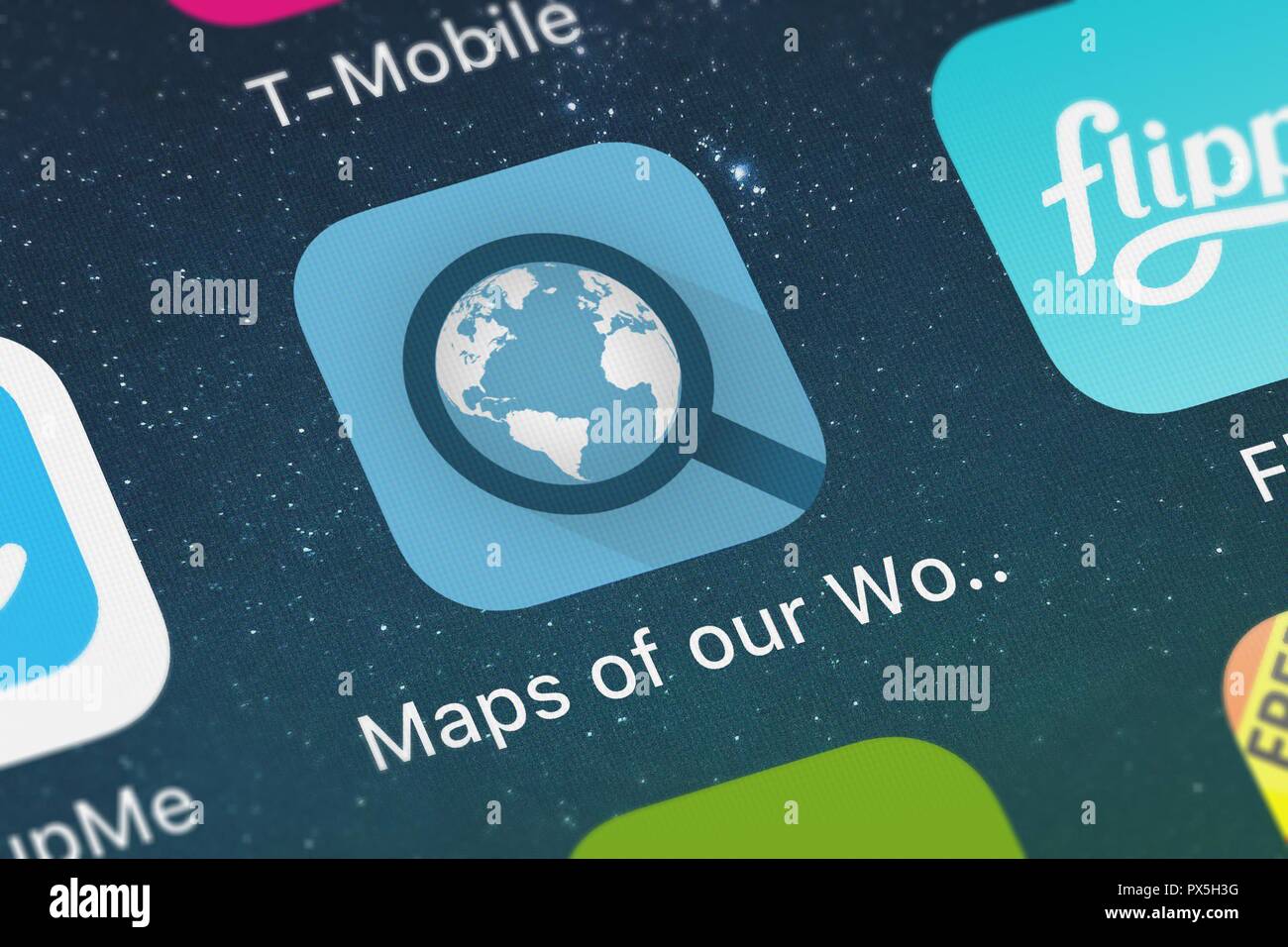 London, United Kingdom - October 19, 2018: The Maps of our World mobile ...