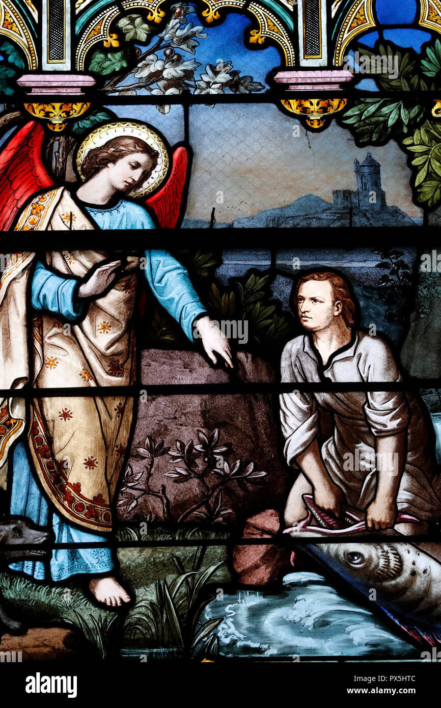 Saint-Martin d'Ainay Basilica. Stained glass window. Saint Raphael the ...