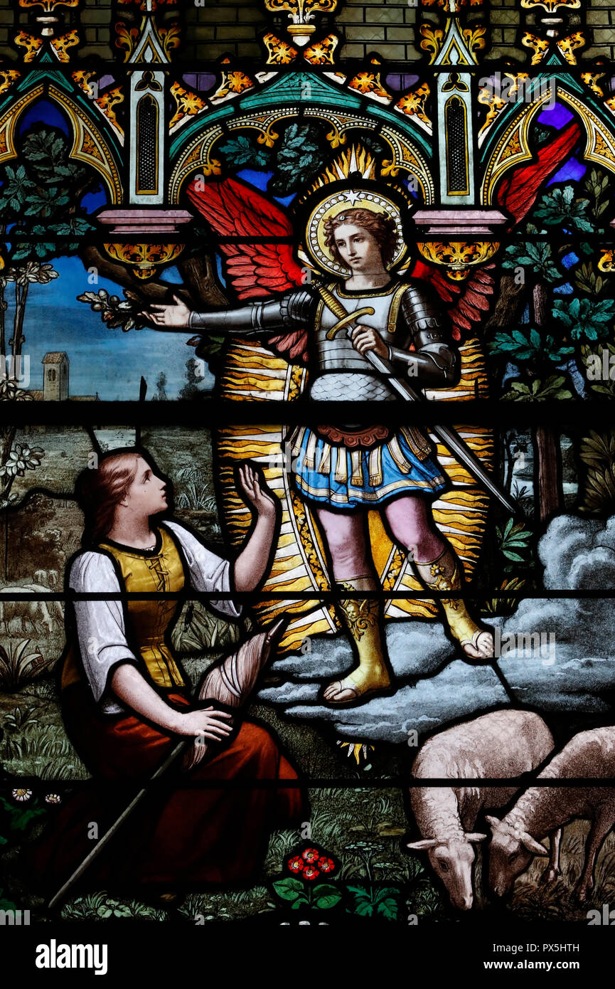 Saint-Martin d'Ainay Basilica. Saint Michael archangel. Stained glass ...