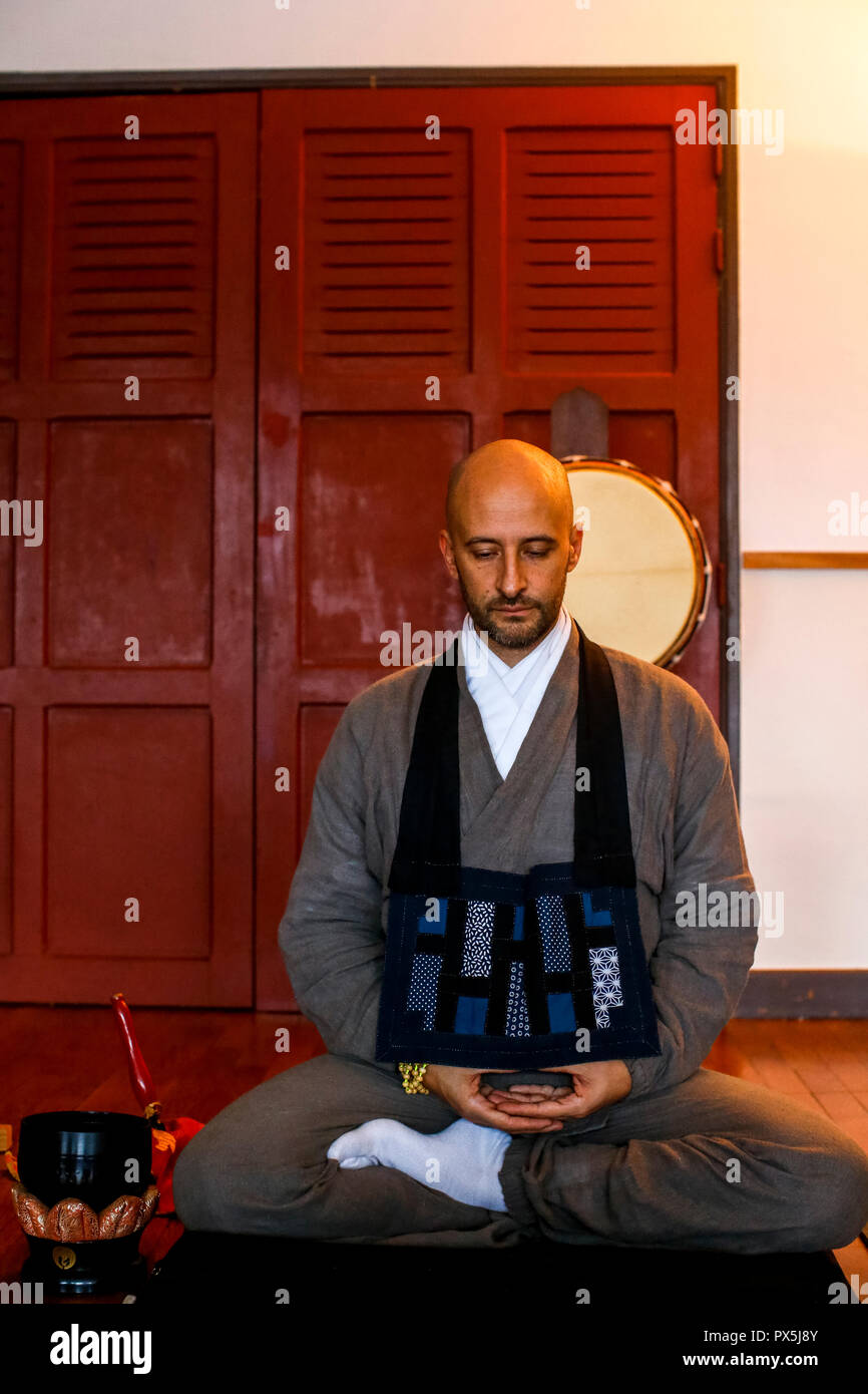 Zazen (meditation) during a zen sesshin (retreat) in Lanau, Cantal ...