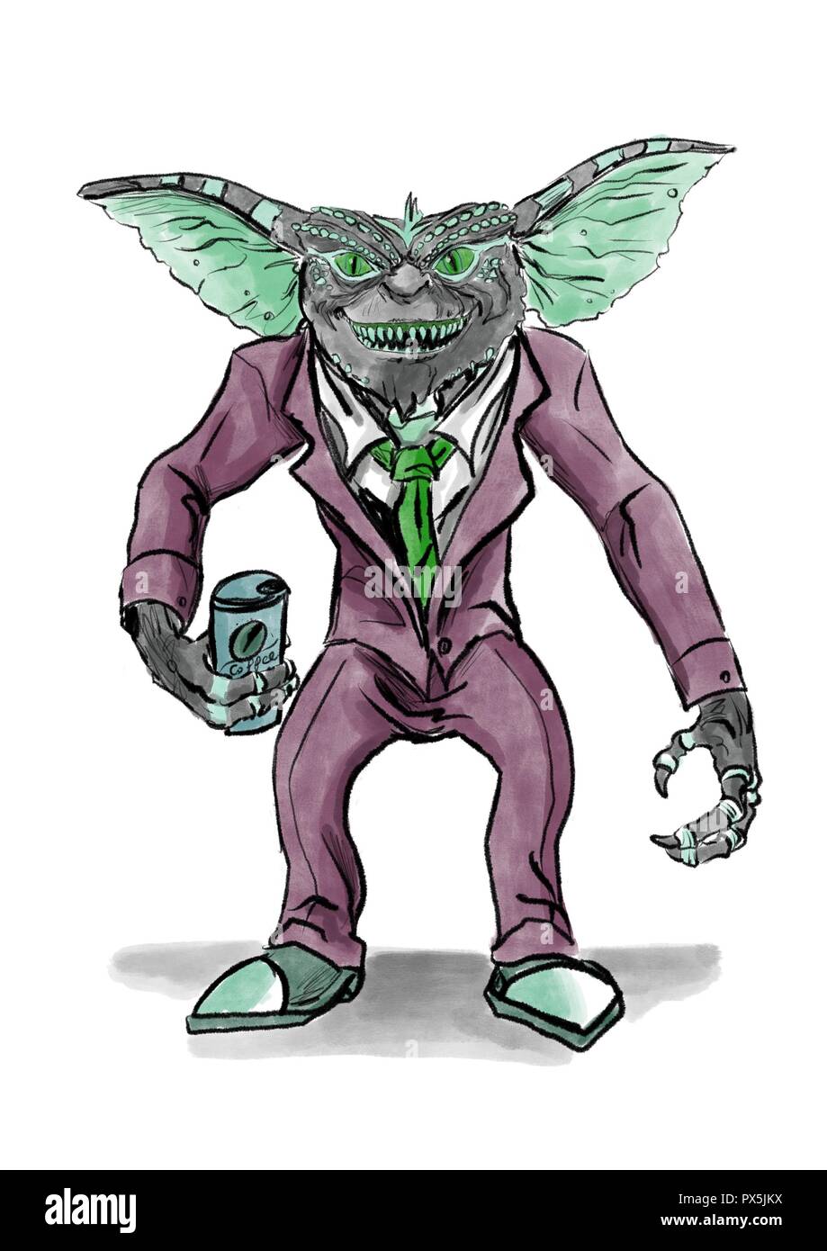 a gremlin in a suit drinking coffee Stock Photo - Alamy